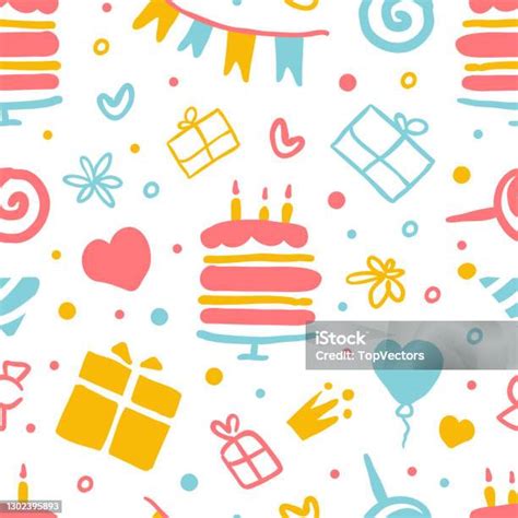 아이 생일 파티 원활한 패턴 해피 홀리데이 축하 끝없는 반복 인쇄배경 배경 화면 섬유 포장 디자인 벡터 일러스트에 사용할 수 있습니다 0명에 대한 스톡 벡터 아트 및 기타