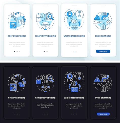Premium Vector Pricing Approaches Night And Day Mode Onboarding Mobile App Screen Walkthrough