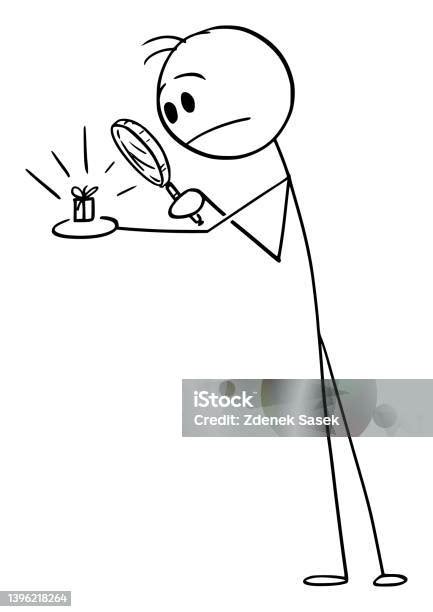 작은 선물을보고있는 좌절 한 영재 사람 벡터 만화 스틱 그림 일러스트 레이 션 돋보기 광학 기기에 대한 스톡 벡터 아트 및 기타
