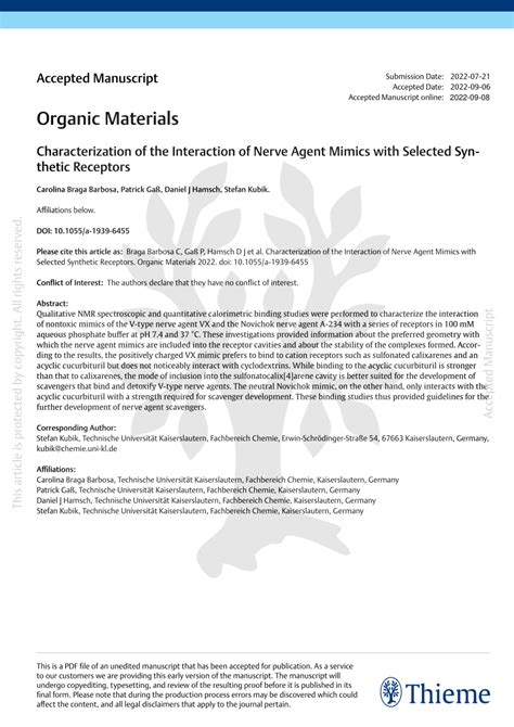 Pdf Characterization Of The Interaction Of Nerve Agent Mimics With Selected Synthetic Receptors