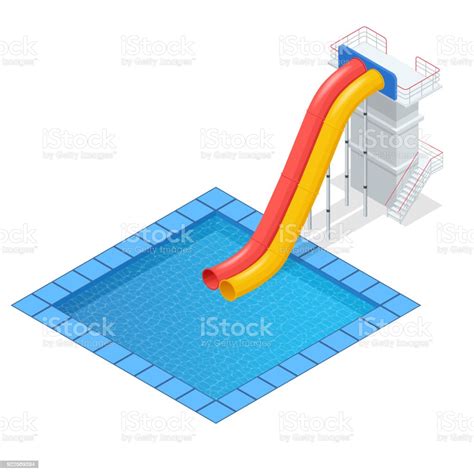 아이소메트릭 다채로운 워터 슬라이드와 수영장 Aquapark 장비 디자인에 대 한 설정 튜브 수영장과 물 슬라이드 흰색 배경에서