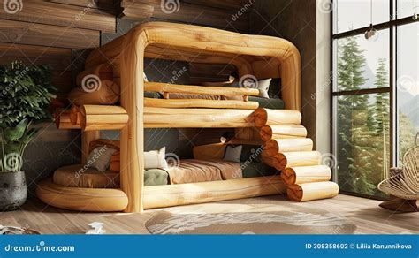 A Natural Wood Log Hut Shaped Bunk Bed With Stairs Nestled In A Cozy