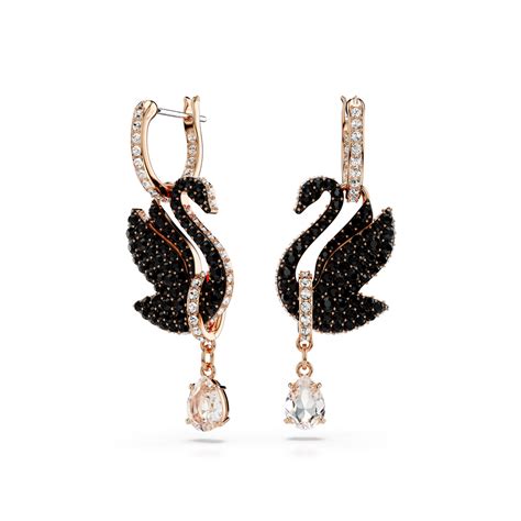 Swarovski Iconic Swan Drop Earrings Swan Black Rose Gold Tone Plate