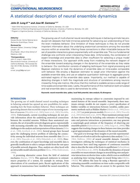 Pdf A Statistical Description Of Neural Ensemble Dynamics