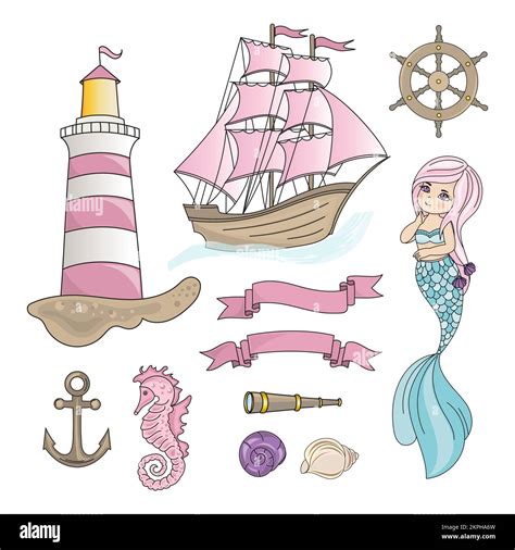 Sailboat Mermaid Underwater Long Haired Princess Girl And Collection Of