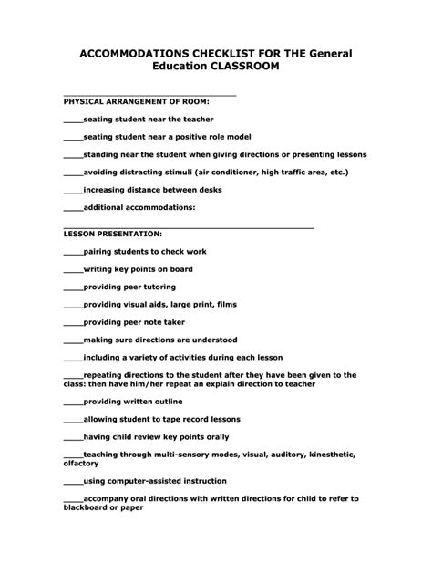 Accommodations Checklist For Form General Education Classroom Fill