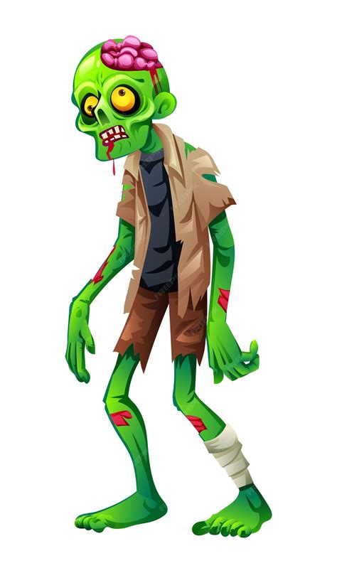 Zombie With Exposed Brain And Tattered Clothes Vector Cartoon