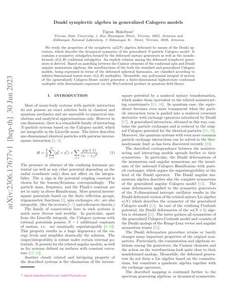 Pdf Dunkl Symplectic Algebra In Generalized Calogero Models