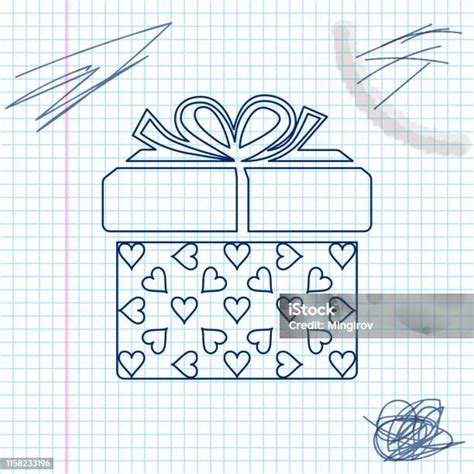 흰색 배경에 격리 된 선물 상자와 하트 라인 스케치 아이콘입니다 포장 발렌타인 데이 상단에 리본과 활로 묶여 아름다운 축제 상자 벡터 일러스트레이션 검은색에 대한 스톡 벡터