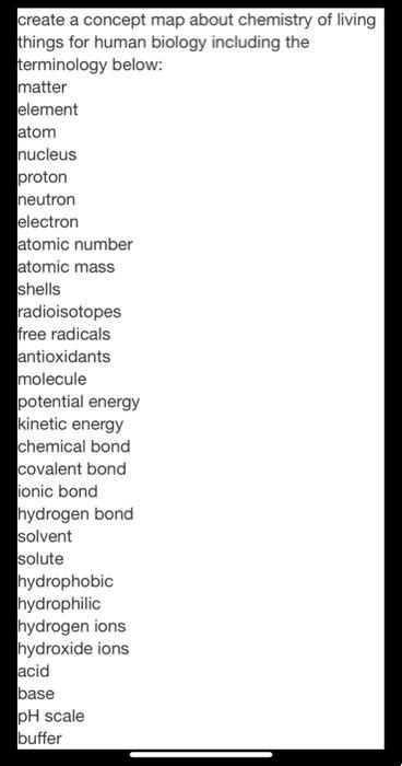 Create A Concept Map About Chemistry Of Living Things For Human Biology Including The