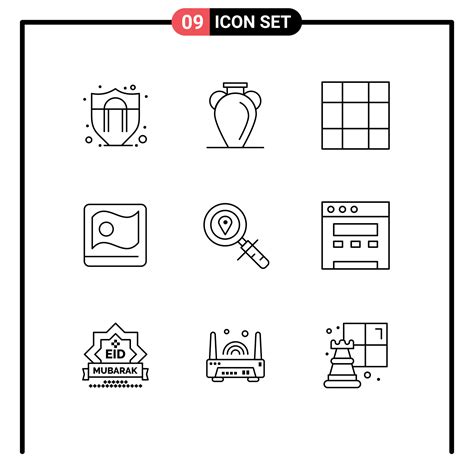 Group Of 9 Modern Outlines Set For Navigation Location Grid Map Asian Editable Vector Design