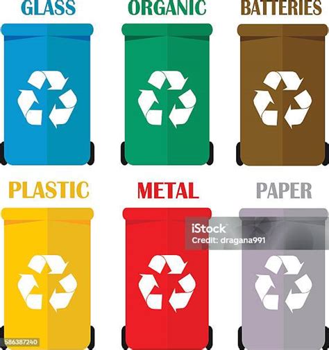 폐기물 유형분리 재활용 유기농 배터리 금속 플라스틱 종이 유리 0명에 대한 스톡 벡터 아트 및 기타 이미지 0명 개념