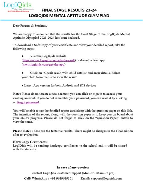 Logiqids Final Stage Result Circular Pdf