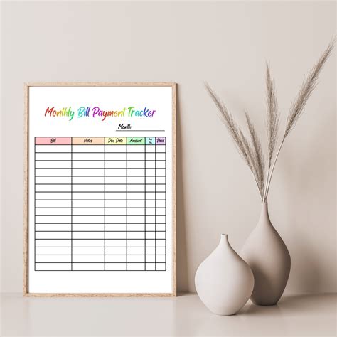 Bill Payment Tracker Rainbow Color Printable Editable Monthly Bill