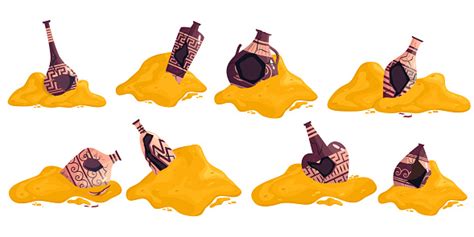 모래 더미에 그리스 깨진 꽃병은 고립 된 고대 항아리를 설정합니다 그리스 상징이 있는 세라믹 깨진 꽃병 만화 벡터 삽화입니다 도자기 전기밥통 도기 안틱 디자인 고대의에 대한