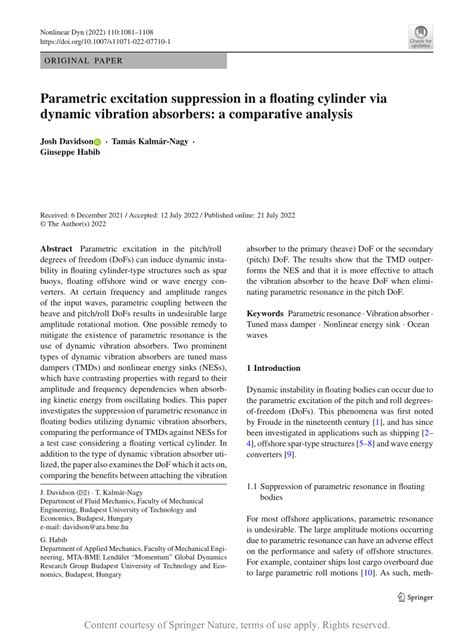 Pdf Parametric Excitation Suppression In A Floating Cylinder Via Dynamic Vibration Absorbers