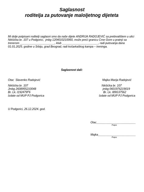 Saglasnost Roditelja Za Putovanje Djeteta Radojevic Pdf