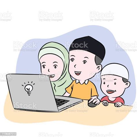 무슬림 아이 데스크톱 손을 보고 그린 벡터 일러스트 레이 션 아이에 대한 스톡 벡터 아트 및 기타 이미지 아이 컴퓨터