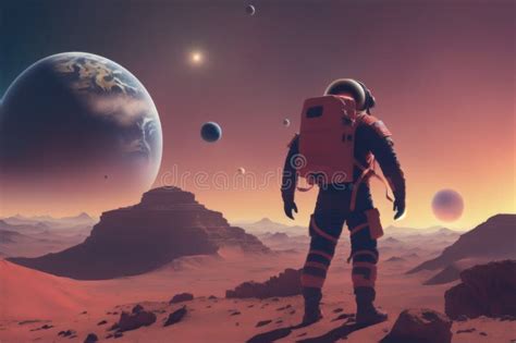Astronaut In Space Suit Walking On An Unexplored Planet Generative Ai Stock Illustration