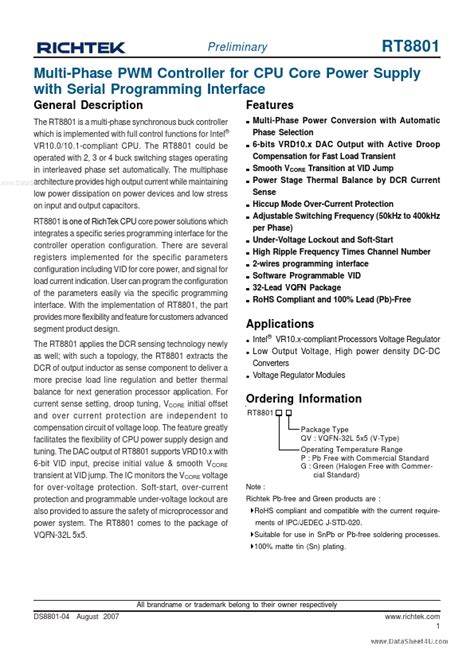 Rt8801 Multi Phase Pwm Controller Richtek Technology