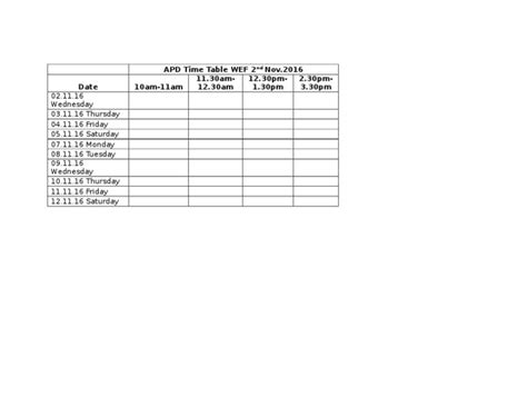 Apd Time Table Wef 2 Nov 2016 Date 10am 11am 11 30am 12 30am 12 30pm 1 30pm 2 30pm 3 30pm Pdf