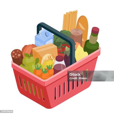 다른 음식 아이소메트릭 일러스트와 빨간 쇼핑 바구니입니다 스톡 벡터입니다 식료품 쇼핑 슈퍼마켓 일러스트 3차원 형태에 대한 스톡 벡터 아트 및 기타 이미지 Istock