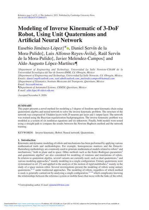Pdf Modeling Of Inverse Kinematic Of 3 Dof Robot Using Unit Quaternions And Artificial Neural