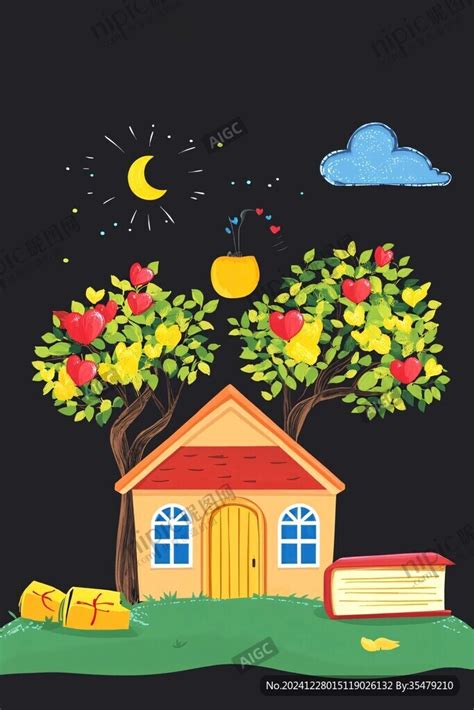 Ai创作图苹果园插画 手绘苹果园插画 树木树叶树下小木屋 卡通苹果树 万圣节南瓜屋插画 学校布置插画 学校装饰插画 3d苹果树 果园丰收插画 摘苹果插画 苹果树下模板 南瓜屋插画 丰收苹果树