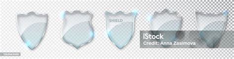 유리 방패 세트 빈 아크릴 스크린 패널은 투명 한 배경에 격리 된 방어 기호 템플릿을 보호 합니다 사실적인 3d 벡터 아이콘입니다 0명에 대한 스톡 벡터 아트 및 기타
