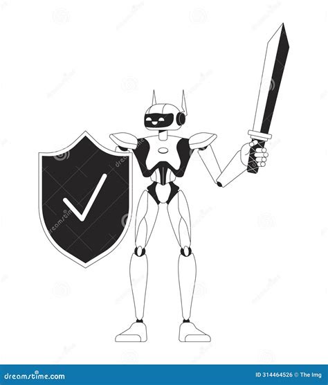 Robot With Shield And Sword Black And White 2d Line Cartoon Character Stock Vector