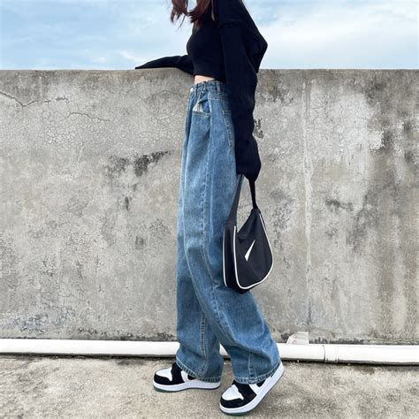 เอวสูงขากว้างกางเกงยีนส์หญิง2021ฤดูใบไม้ร่วงสำหรับฤดูร้อนเล็กๆน้อยๆหลวมแลดูผอมผ้าม่านแนวย้อนยุค