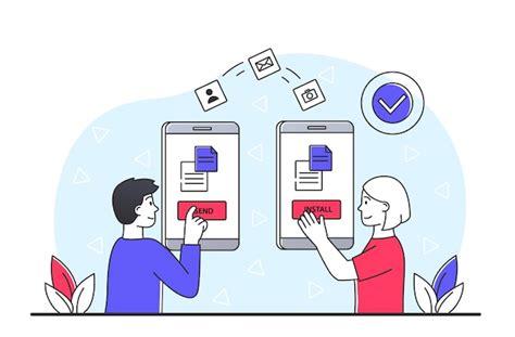 Premium Vector Media Transfer Concept Man And Girl Send Files From One Device To Another Cloud