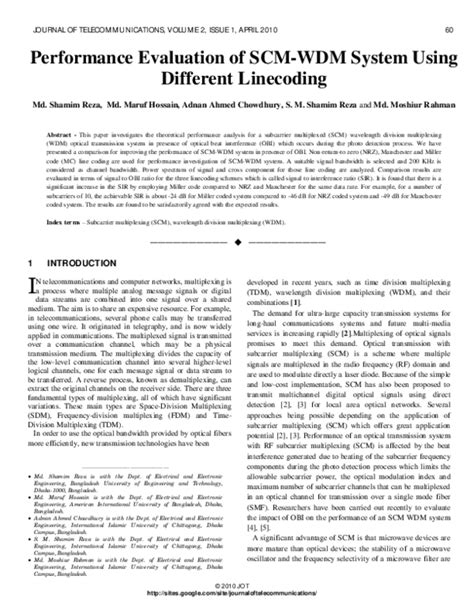 Pdf Performance Evaluation Of Scm Wdm System Using Different Linecoding