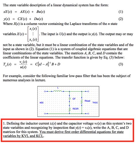 Solved The State Variable Description Of A Linear Dynamical