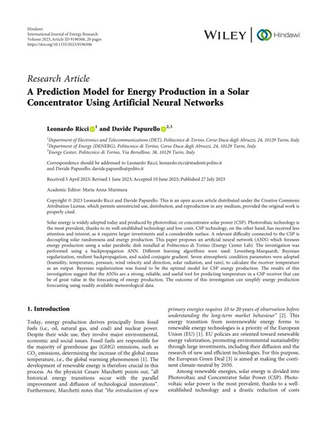 Pdf A Prediction Model For Energy Production In A Solar Concentrator Using Artificial Neural