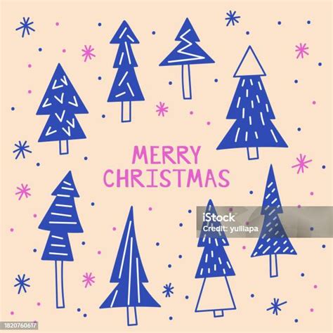 메리 크리스마스 카드 템플릿입니다 글자 비문이 있는 휴일 인사말 포스터 디자인입니다 크리스마스 트리의 현대 손으로 그린 벡터 그림 12월에 대한 스톡 벡터 아트 및 기타
