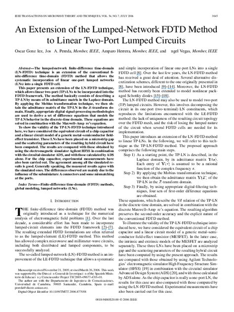 Pdf An Extension Of The Lumped Network Fdtd Method To Linear Two Port Lumped Circuits