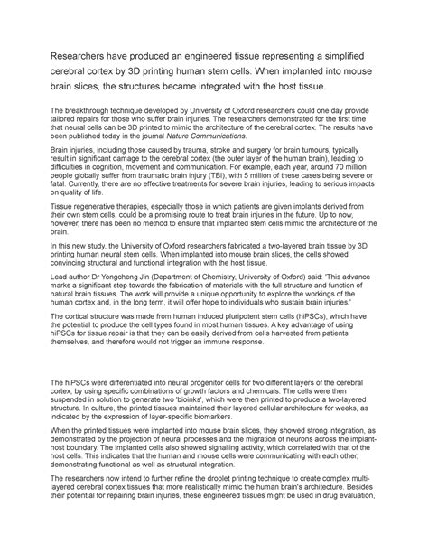 Scientists Develop 3d Printing Method That Shows Promise For Repairing Brain Injuries