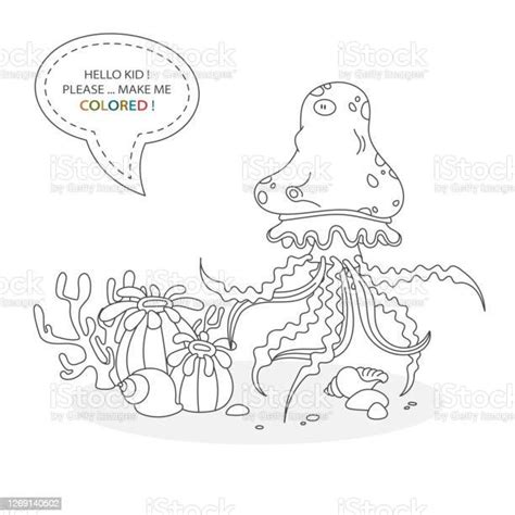 흑백 색칠 공부 책 페이지 수중 조개와 식물과 재미 귀여운 해파리의 만화 캐릭터 어린이 의 발달을위한 세트에서 카드 벡터