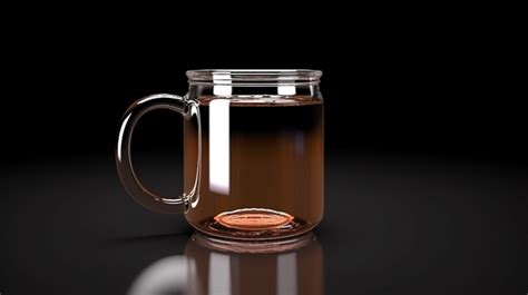 검정색 배경에 외관 3d 렌더링과 같은 유리가 있는 빛나는 갈색 플라스틱 항아리 머그의 샷을 닫습니다 찻잔 컵 디자인 커피