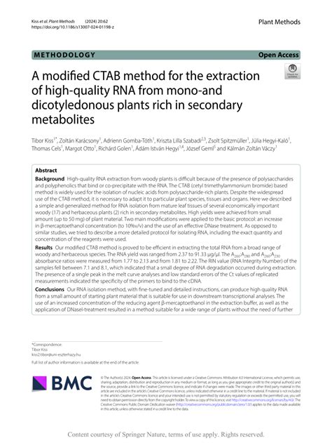 Pdf A Modified Ctab Method For The Extraction Of High Quality Rna