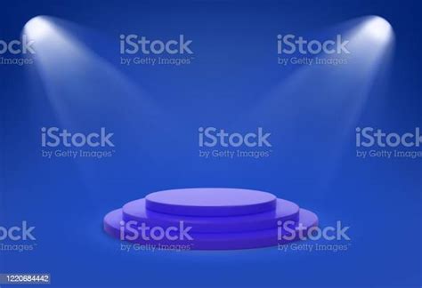 현실적인 파란색 무대 연단입니다 라운드 우승자 받침대 스포트라이트가 있는 조명이 켜집니다 3d 빈 플랫폼 벡터 일루미네이션 0명에 대한 스톡 벡터 아트 및 기타 이미지