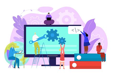 인터넷 벡터 일러스트레이션의 네트워크 사용자를 위한 계정 설정 웹 서비스입니다 컴퓨터의 기술 설계 개념 배경 It 지원에 대한 스톡 벡터 아트 및 기타 이미지 Istock