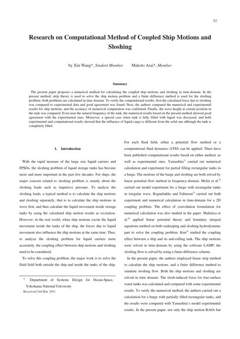 Pdf Research On Computational Method Of Coupled Ship Motions And Sloshing