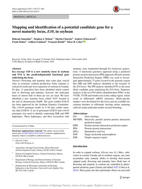 Mapping And Identification Of A Potential Candidate Gene For A Novel Maturity Locus E10 In
