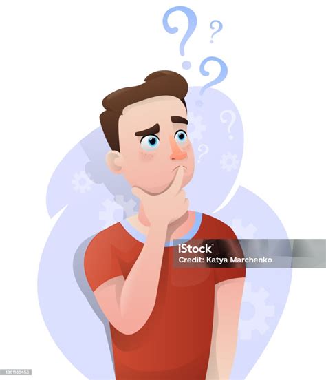 반성의 남자는 흰색 배경에 고립 된 문제를 해결하는 방법에 대해 생각합니다 문제를 해결하면서 물음표입니다 벡터 일러스트레이션 불확실성에 대한 스톡 벡터 아트 및 기타 이미지