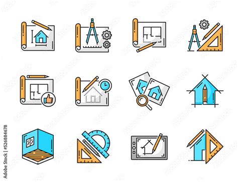 Architect Development And Interior Design Icons House Plan Building Engineering Thin Line