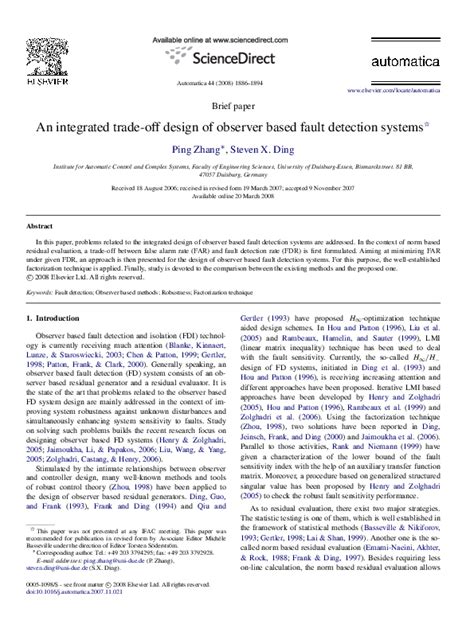 Pdf An Integrated Trade Off Design Of Observer Based Fault Detection