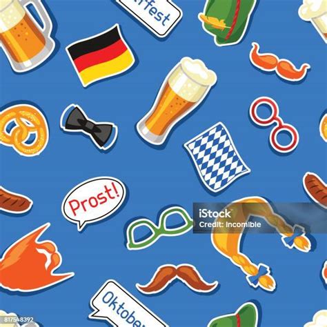 옥 토 버 페스트 사진 부스 스티커와 함께 완벽 한 패턴입니다 축제와 파티에 대 한 배경 즉석 사진 촬영 부스에 대한 스톡 벡터 아트 및 기타 이미지 즉석 사진 촬영