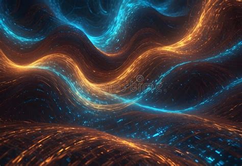 Abstract Digital Rendering Of Glowing Orange And Blue Lines Forming Undulating Waves On A Dark
